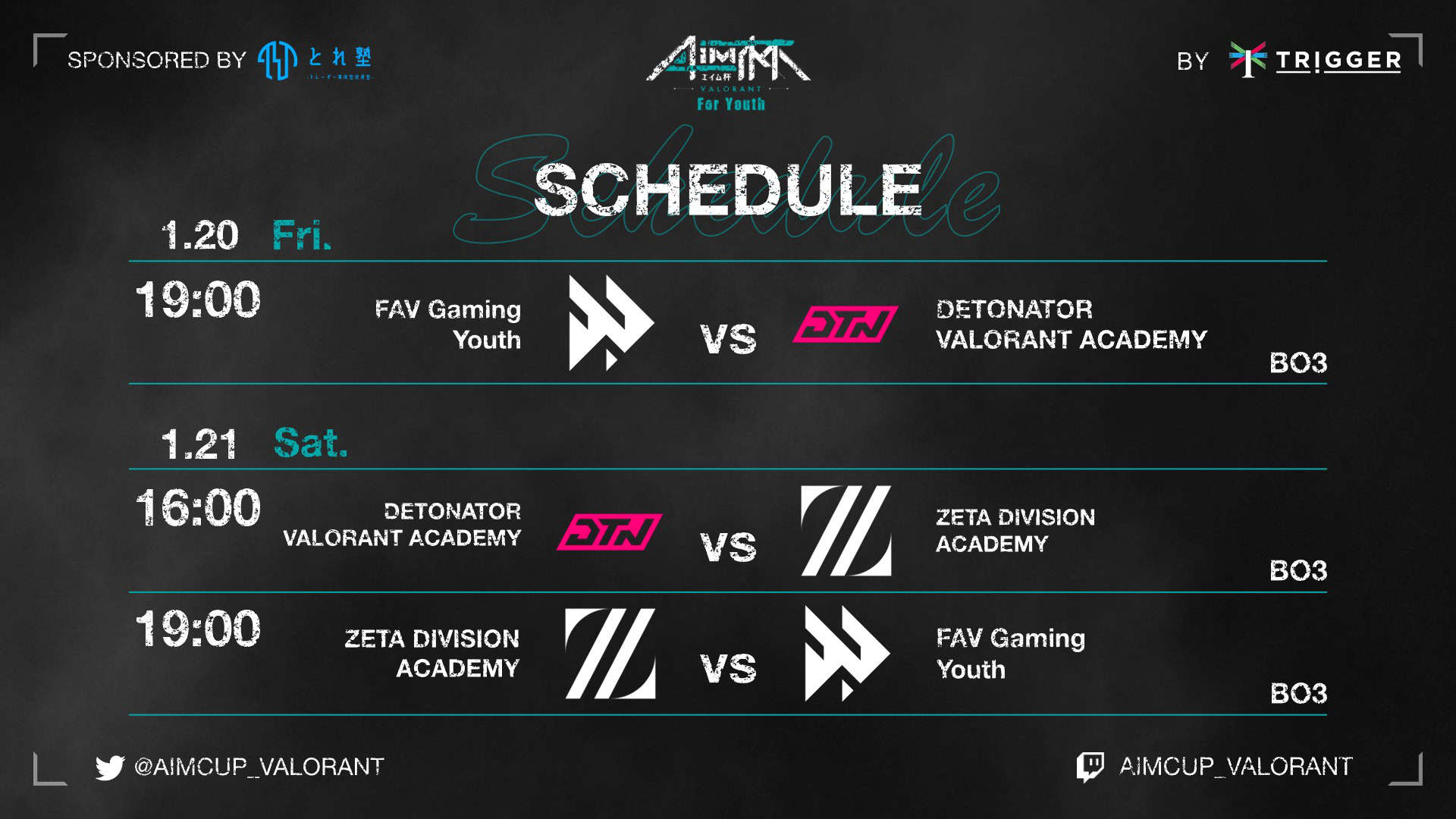VALORANT招待制大会「AIM杯 For Youth」が1月20日-21日に開催。ZETA DIVISION、FAV gaming、DETONATORのアカデミー部門が出場 ...
