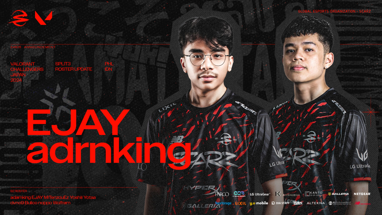 「SCARZ」がEJAY / adrnkingの加入を発表、国際的なロスター継続でSplit 3に参戦 | Valorant News Japan